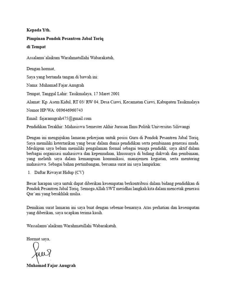 Surat Lamaran Jabal Toriq - Muhamad Fajar Anugrah | PDF