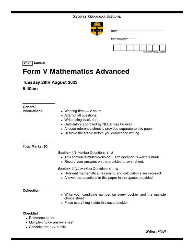 Form V Mathematics Exam 2023 | PDF | Circle | Analytic Geometry