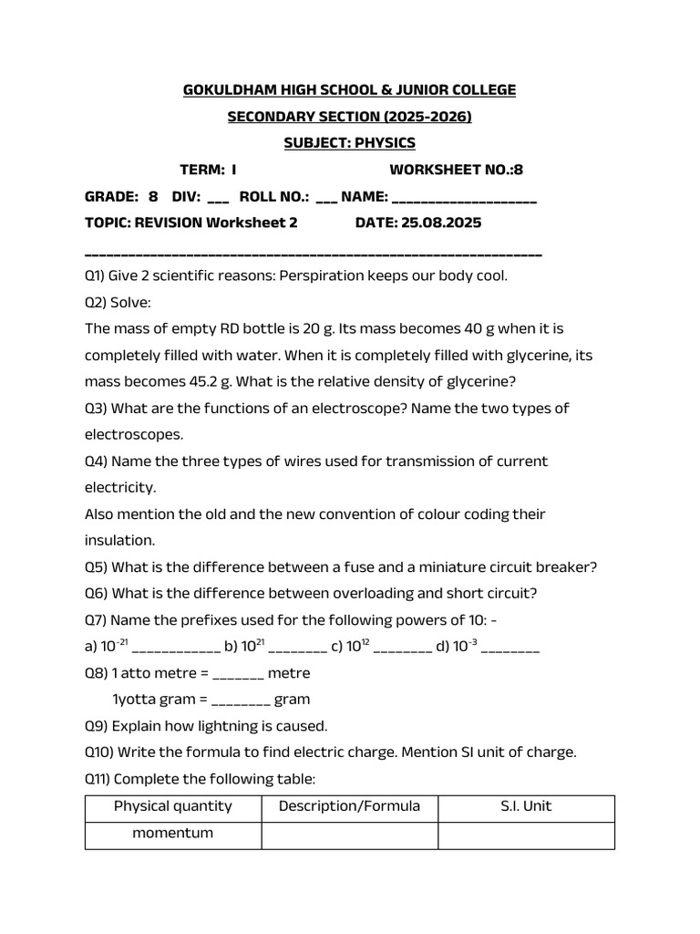 Grade 8 Revision Worksheet 2 (3) Removed | PDF | Pressure ...