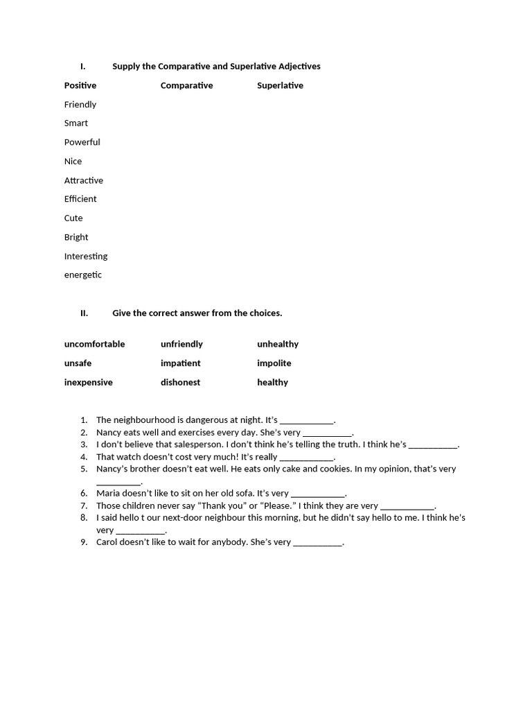 Comparative and Superlative Adjectives Quiz | PDF