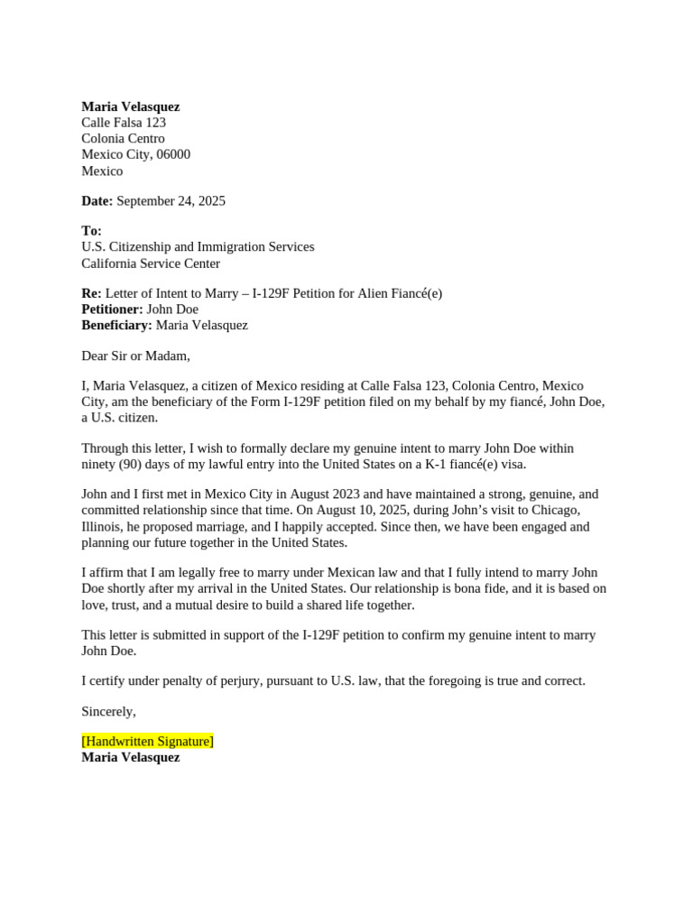 Letter of Intent To Marry - Maria Velasquez (Beneficiary) | PDF