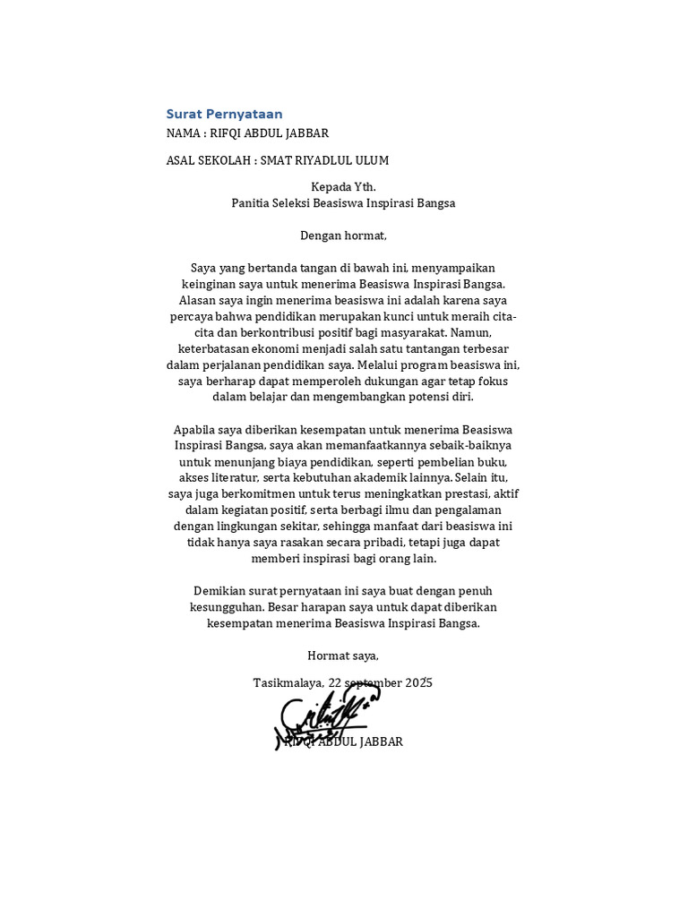 Surat Beasiswa Inspirasi Bangsa Salinan | PDF