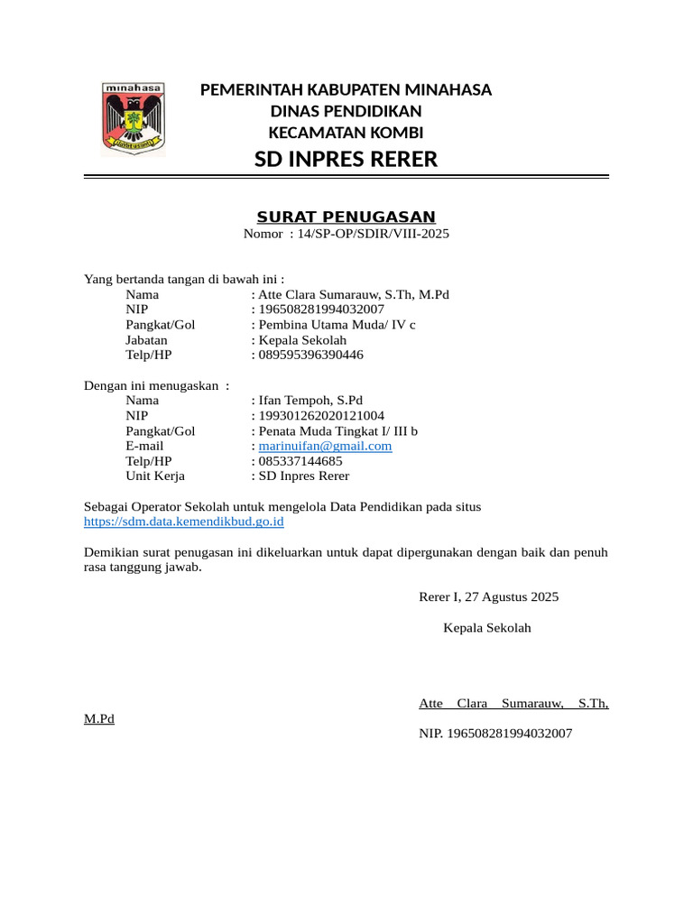 Surat Penugasan Operator Sekolah SD Rerer | PDF
