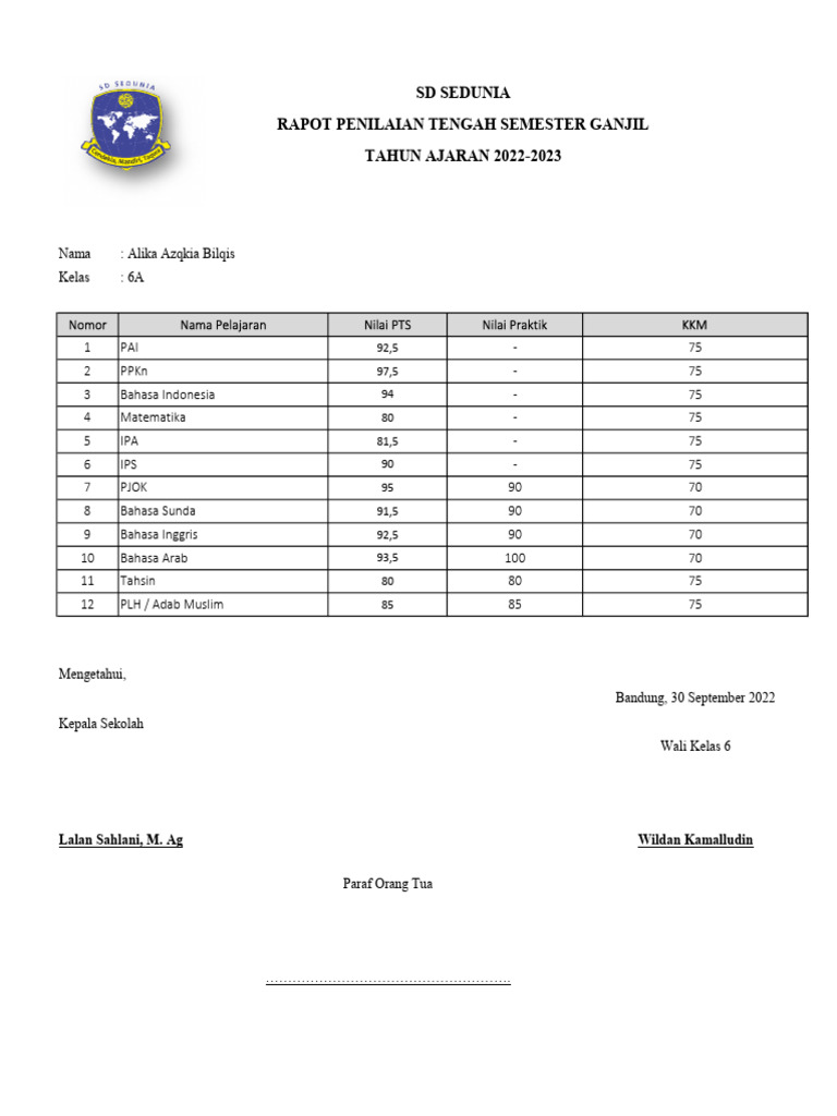 Rapot PTS Alika Kelas 6A 2022-2023 | PDF