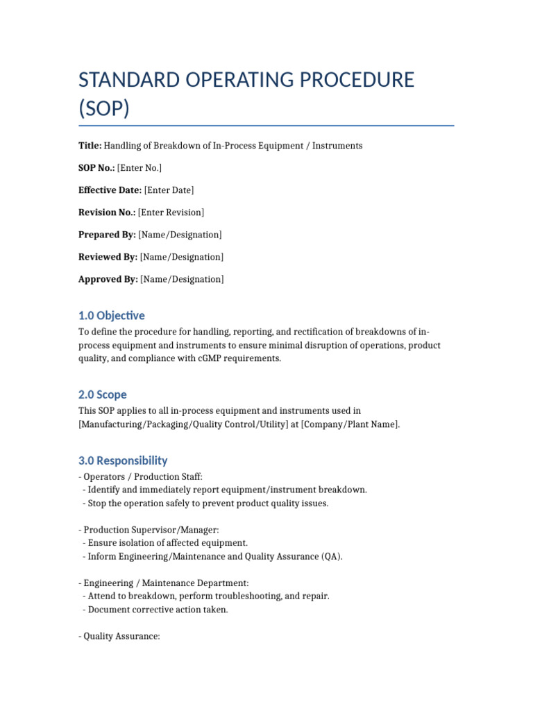 SOP Breakdown InProcess Equipment With Annexures | PDF | Quality ...