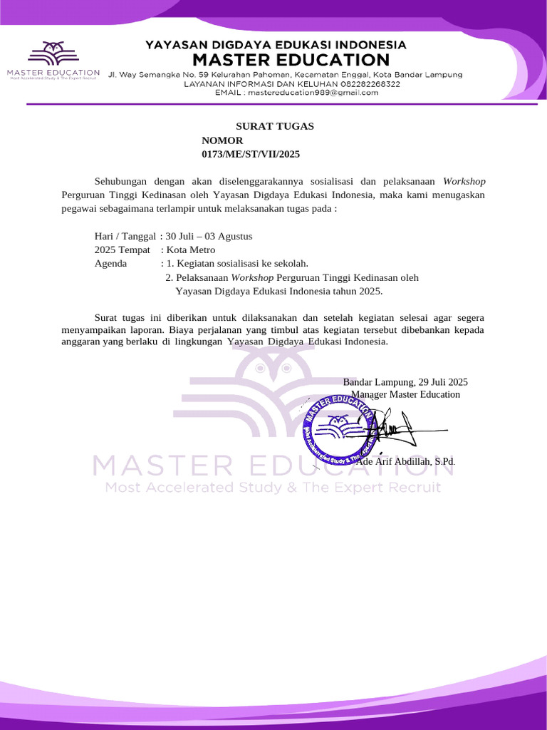 (Bandar Lampung) - Surat Tugas Sosialisasi Dan Workshop Master ...