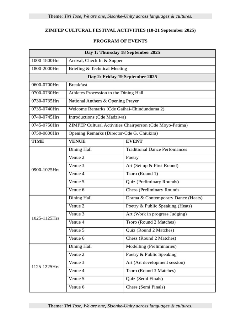 ZIMFEP Cultural Festival 2025 Schedule | PDF