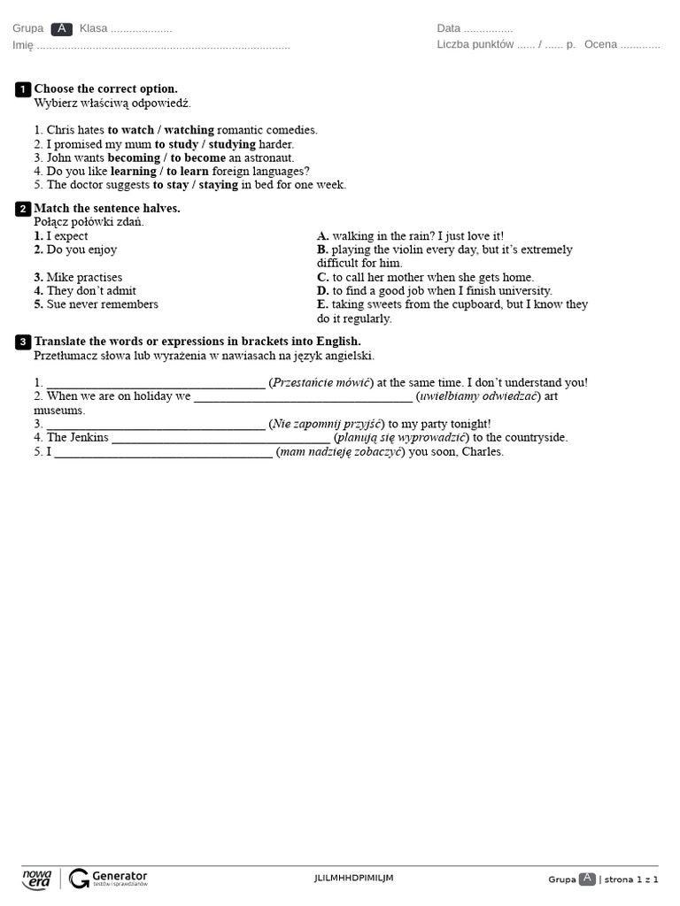 Unit 1 Short Test Grammar - Lesson 6 - Verbs + - Ing - To Test (Bez ...