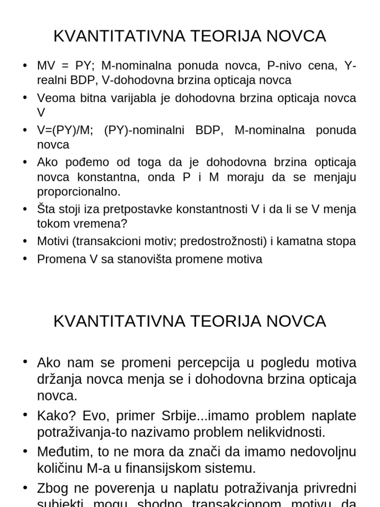 Kvantitativna Teorija Novca | PDF