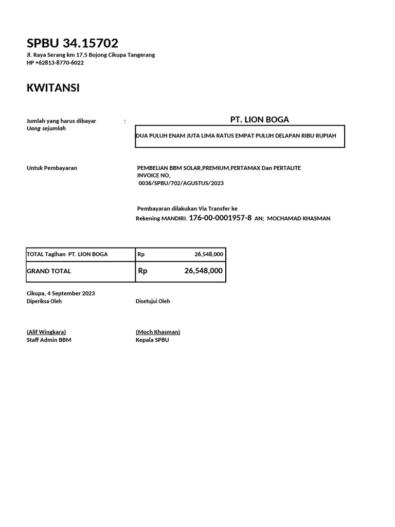 Rincian Detail Inv BBM Lion Boga 28 Aug - 03 Sep 2023 | PDF