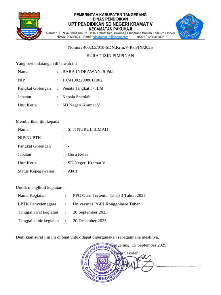 Surat Izin PPG Guru SD Kramat V 2025 | PDF