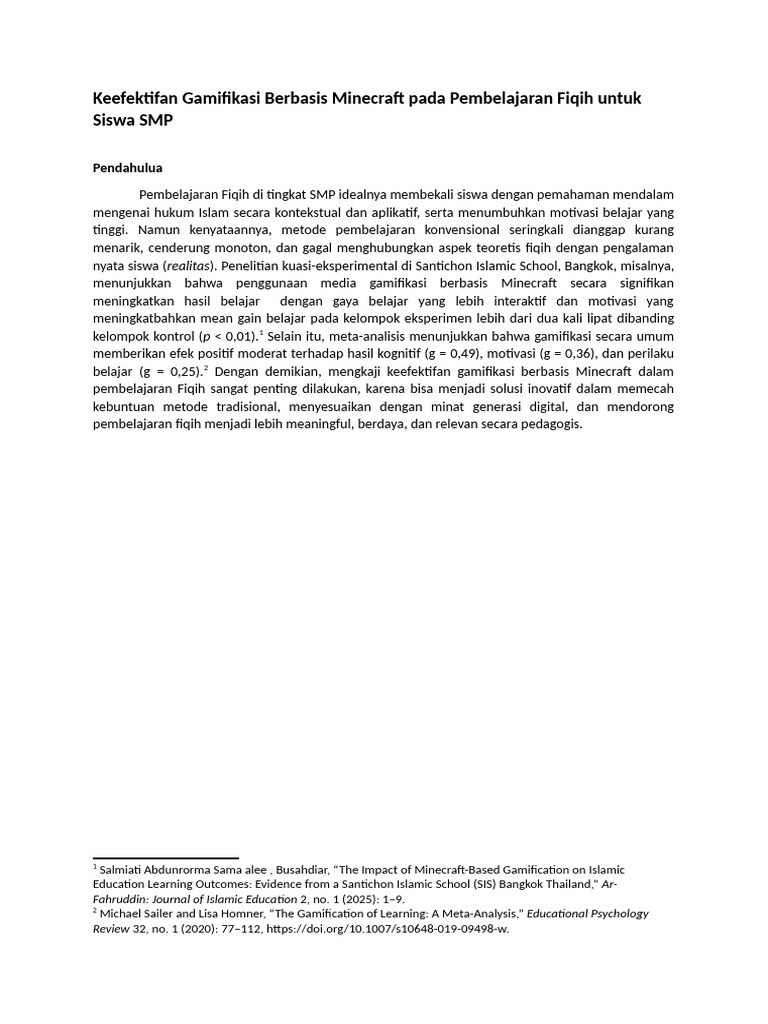 Keefektifan Gamifikasi Berbasis Minecraft Pada Pembelajaran Fiqih Untuk Siswa SMP | PDF