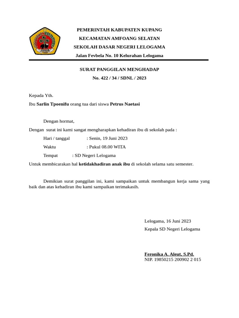 Surat Panggilan Wali Murid SD Lelogama | PDF
