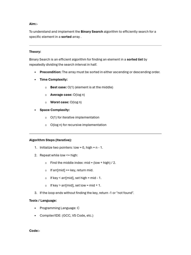 Binary Search Algorithm in C | PDF