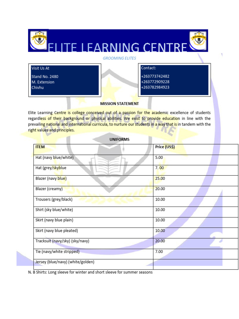 Elite Learning Centre Uniforms & Mission | PDF