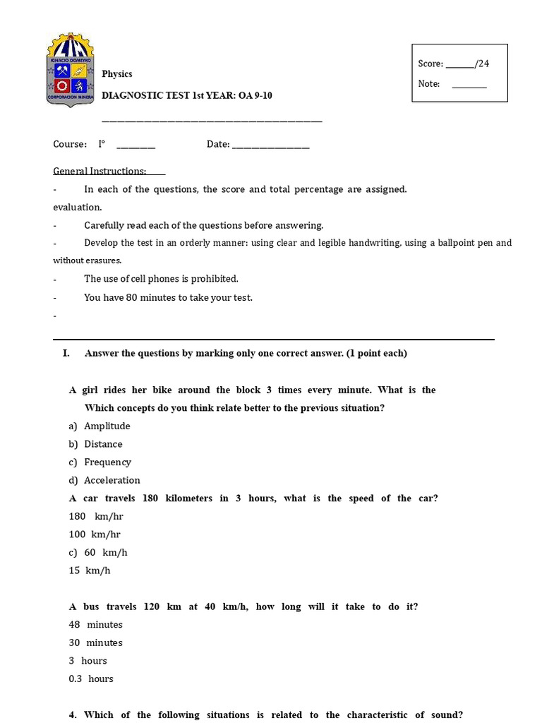 1st Year Physics Diagnostic Test | PDF | Sound | Waves