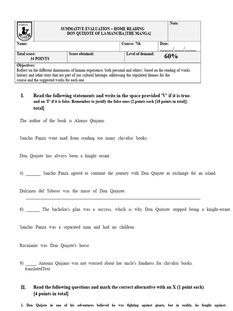 Home Reading Assessment - Don Quixote de La Mancha (The Manga) | PDF ...
