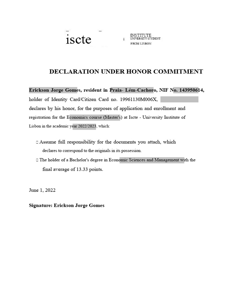 Declaration Under Honor Commitment | PDF