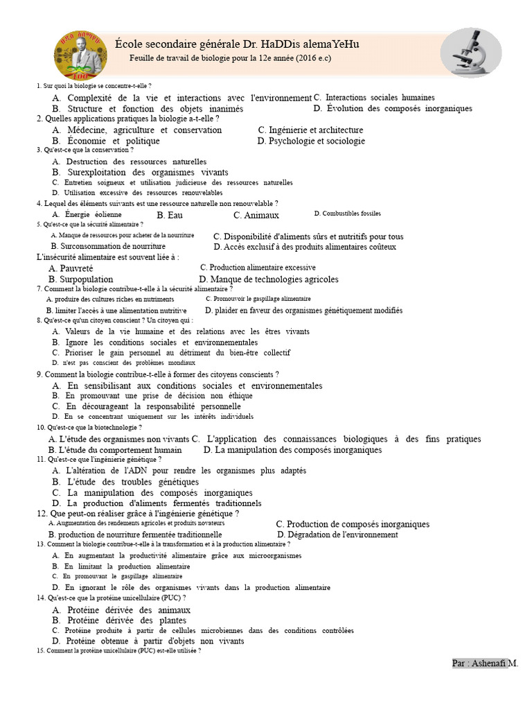 Feuille de biologie 12e année 2016 | PDF | Fermentation | Organisme ...