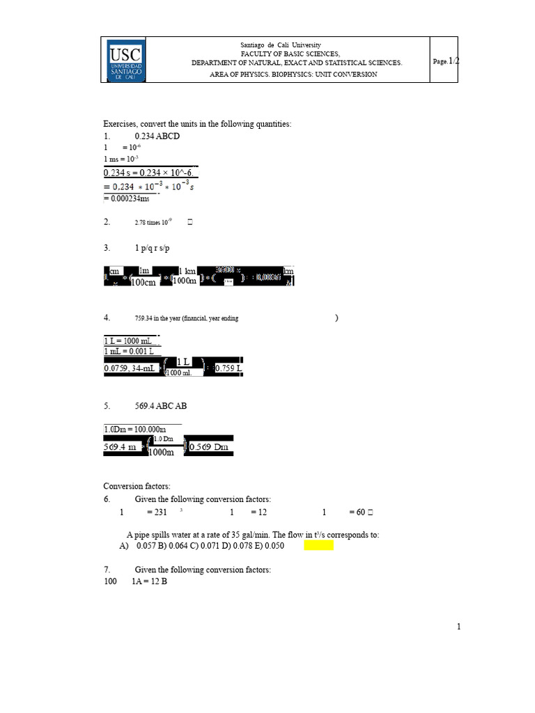 Workshop No. 1 Unit Conversion - 1 | PDF | Volume | Physical Quantities