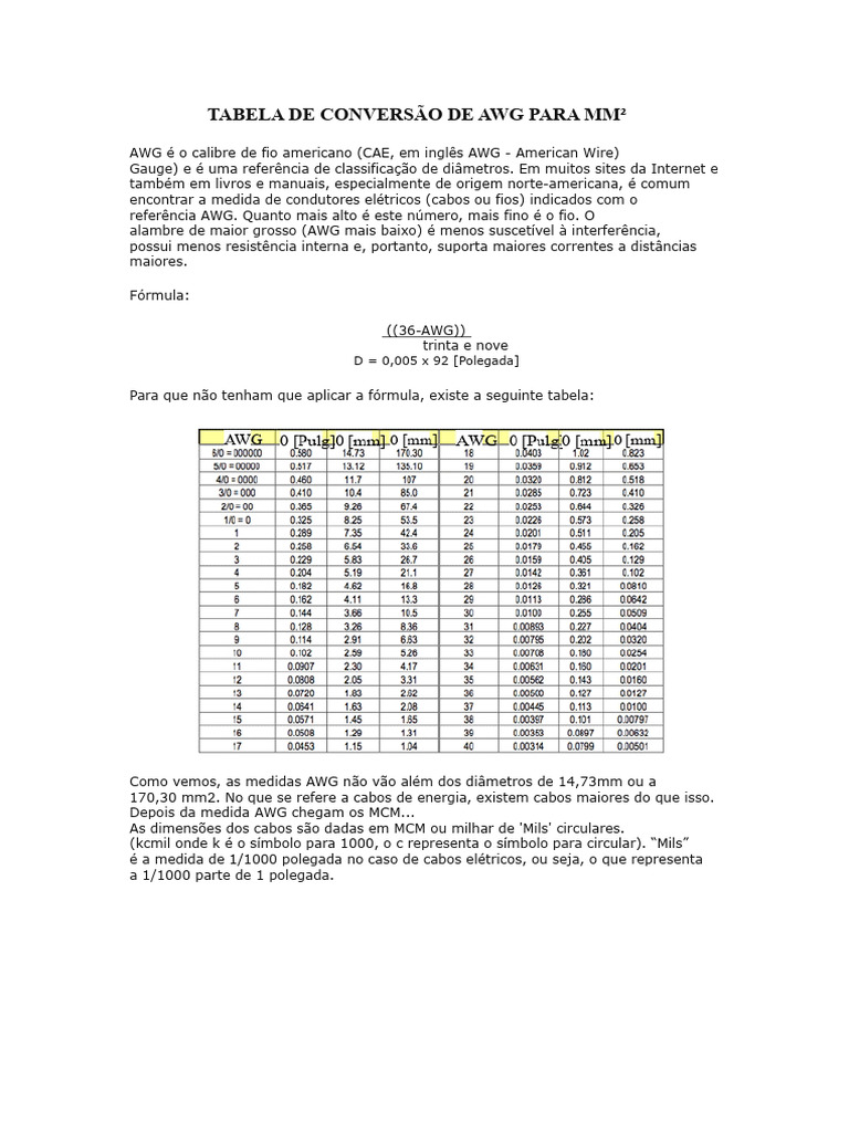 Tabela de Conversão de Awg para Mm2 | PDF | Condutor elétrico ...