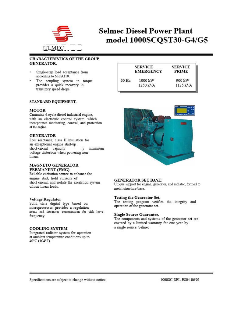 1000SCQST30-G4-G5-SEL-804 Capacity 1000 KW PDF | PDF | Diesel Engine ...