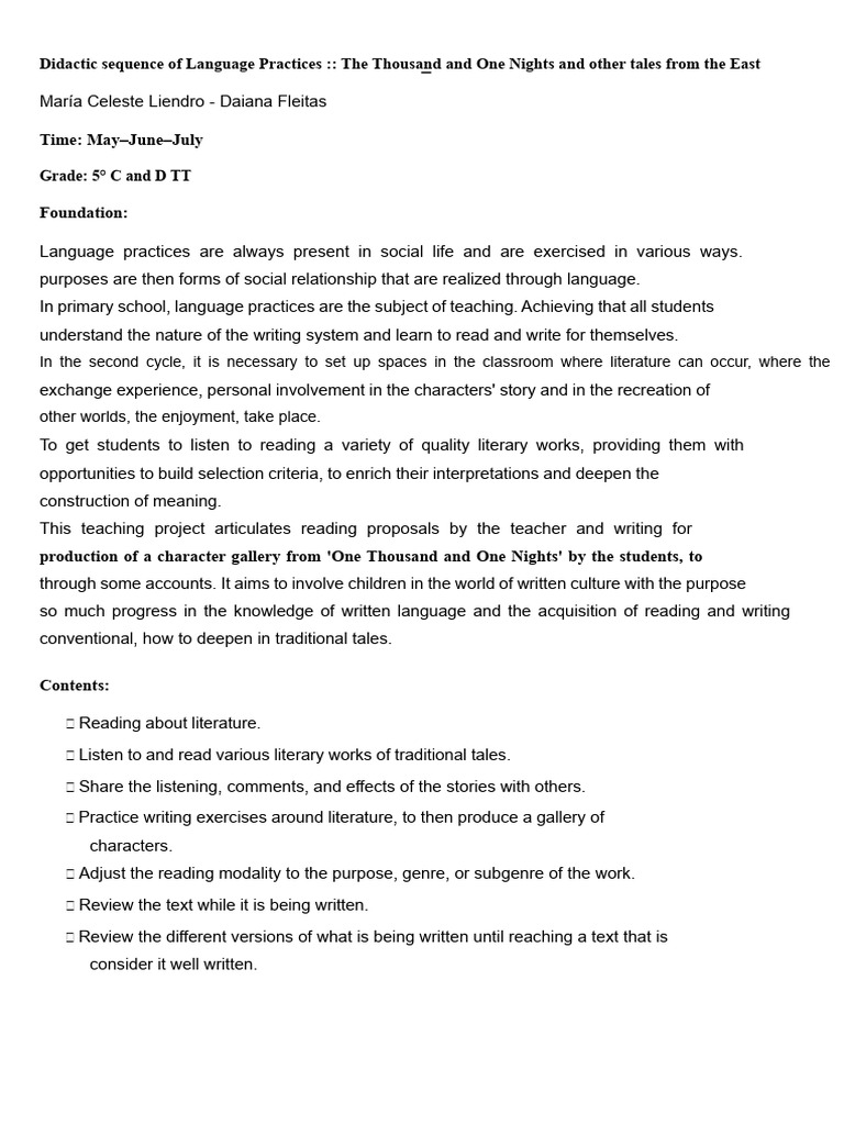 Didactic Sequence of Language Practices - THE THOUSAND AND ONE NIGHTS | PDF | Genre | One ...