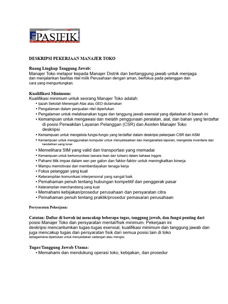 Deskripsi Pekerjaan Manajer Toko | PDF