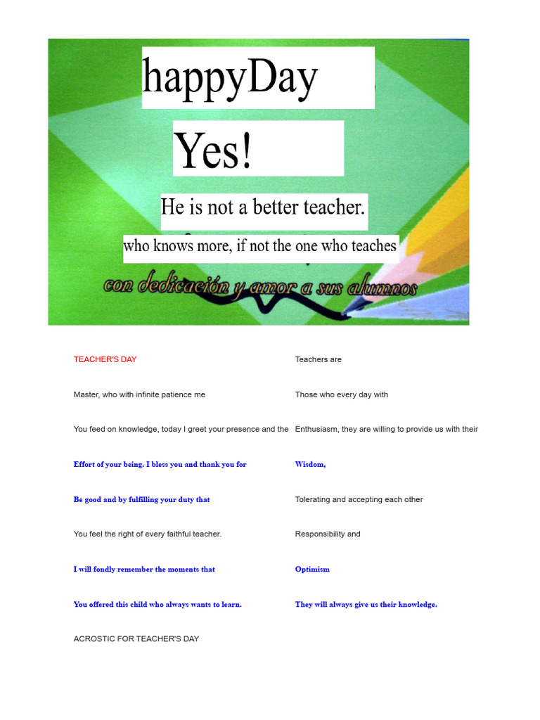 Acrostic for Teacher's Day Celebration | PDF | Teachers | Latin America