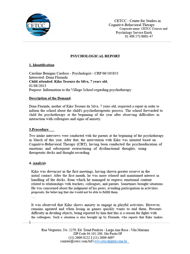 Psychological Report Template | PDF | Psychotherapy | Cognitive ...
