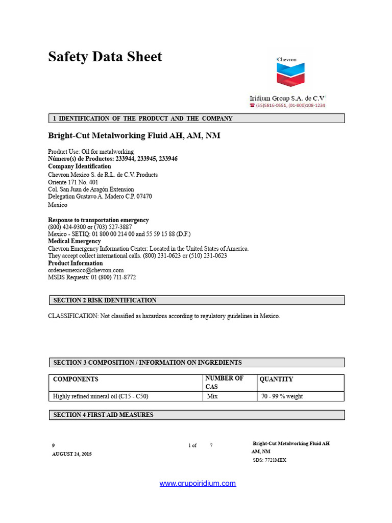 Bright-Cut Metalworking Fluid SDS | PDF | Personal Protective Equipment ...