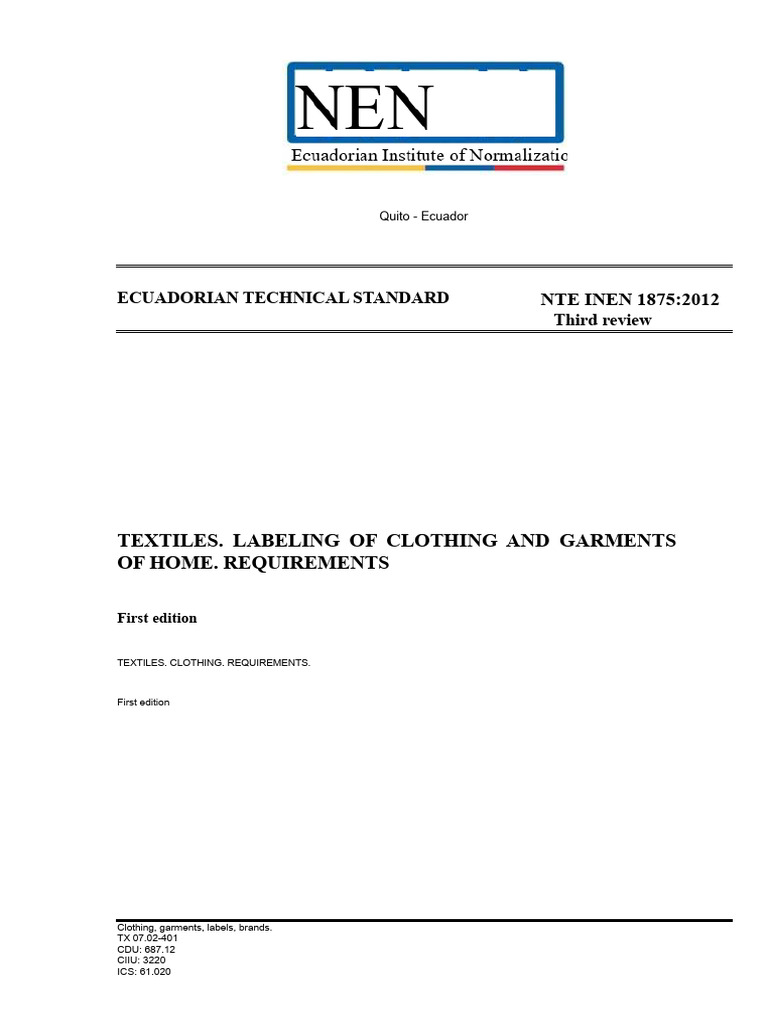 NTE INEN 1875:2012 Textile Labeling Standards | PDF | Textiles | Clothing