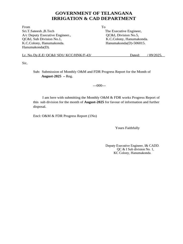 O&M, FDR Progress Report Covering Letter | PDF
