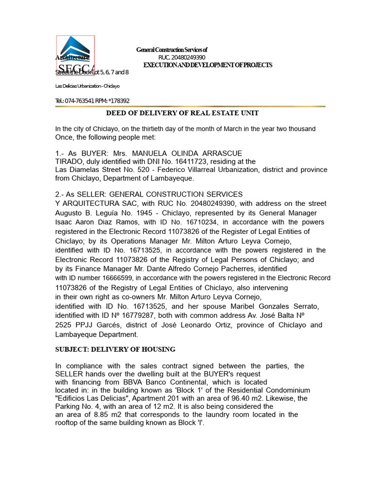 Deed of Delivery of Real Estate Unit Segca Sac | PDF | Common Law ...