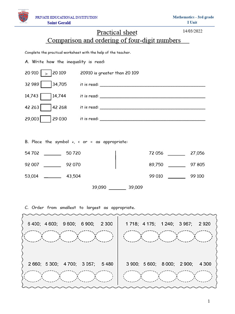 Practical Sheet On Comparison of Four-Digit Numbers | PDF | Mathematics