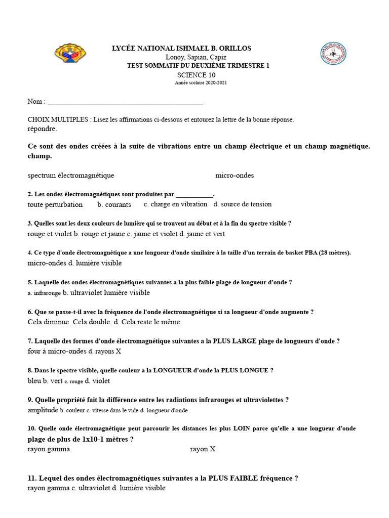 2ème Q - Test Sommative 2021 - 1 | PDF | Lumière | Spectre ...