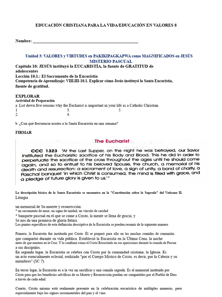 Módulo de Lecciones 1 y 2 de La CLE de Octavo Grado Del Tercer Trimestre | PDF | eucaristía ...