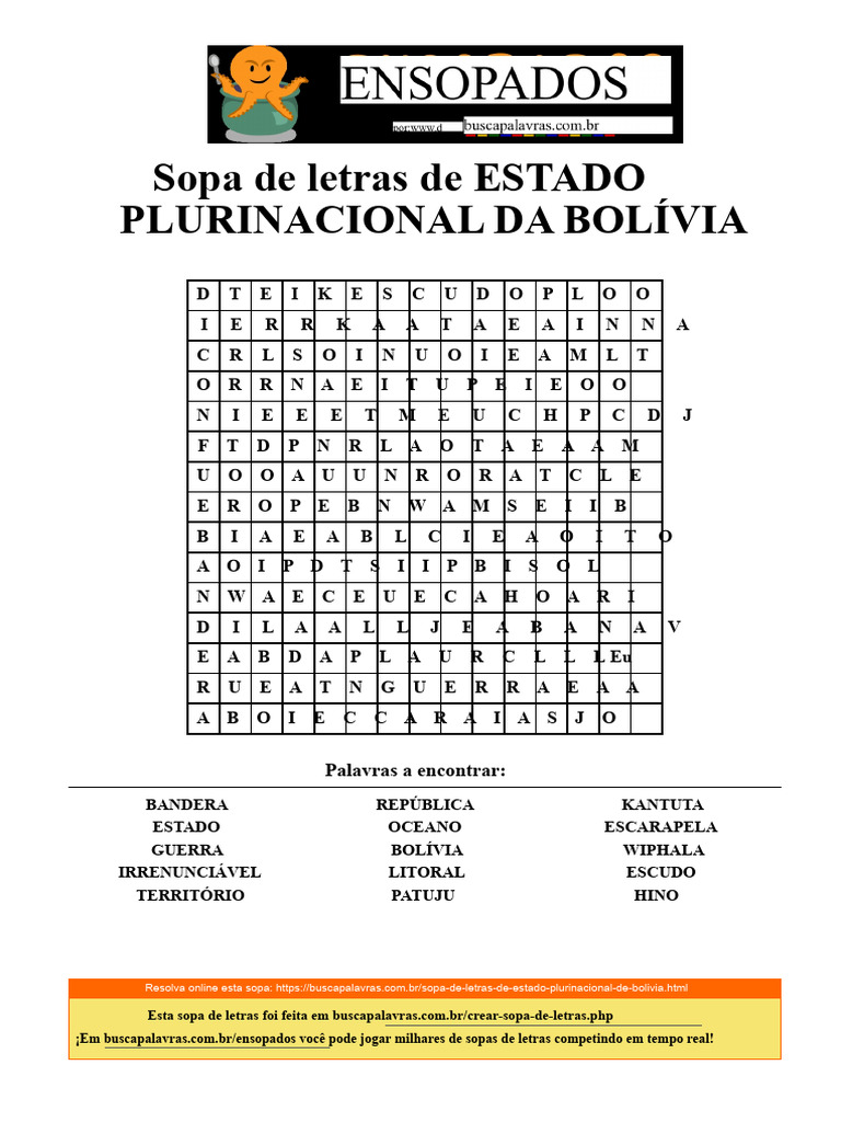 Sopa de Letras Do Estado Plurinacional Da Bolívia | PDF