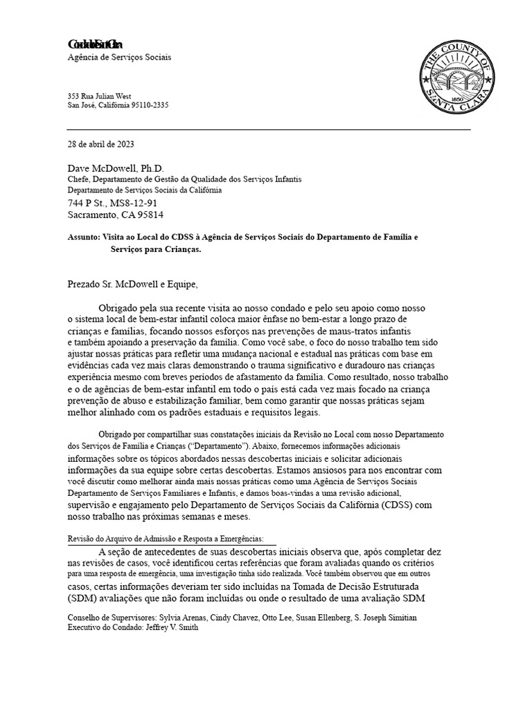 4.28.23 Carta de Resposta Do SSA DFCS Do Condado de Santa Clara Re ...