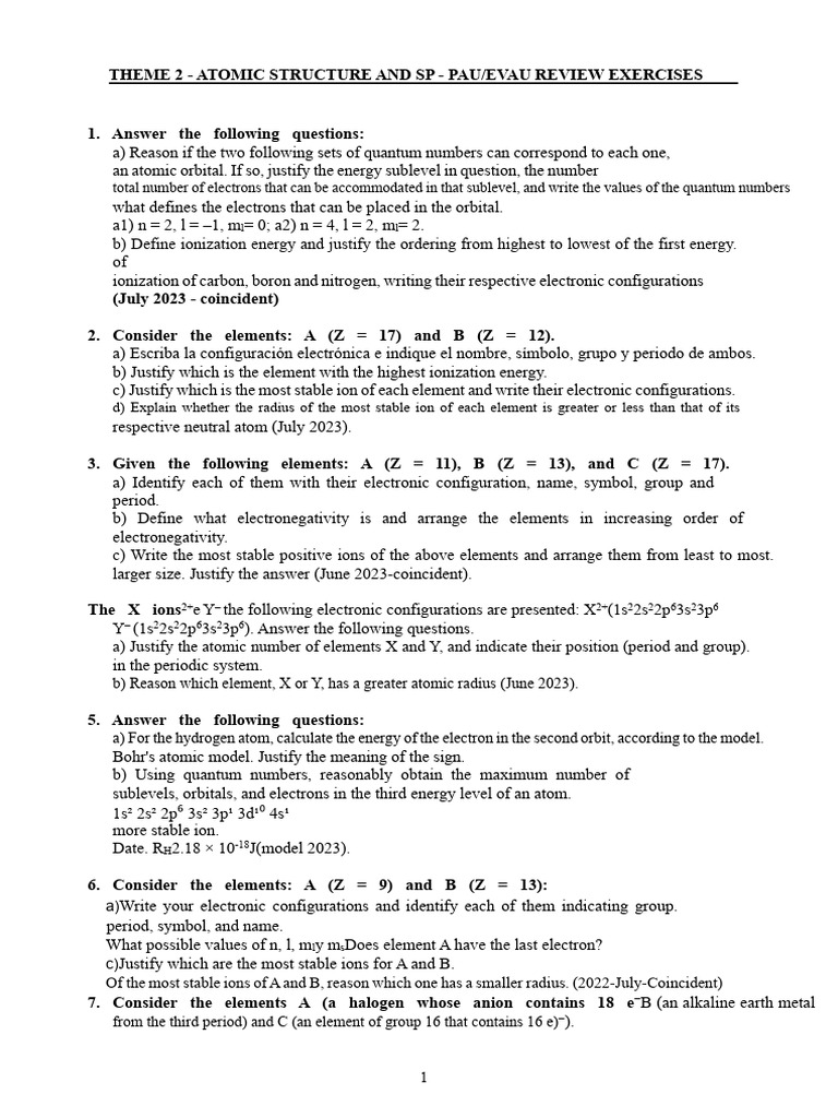 2nd BACHELOR - TOPIC 2 - PAU-EVAU EXERCISES ON ATOMIC STRUCTURE, SP (2023 -2024) | PDF | Ion ...