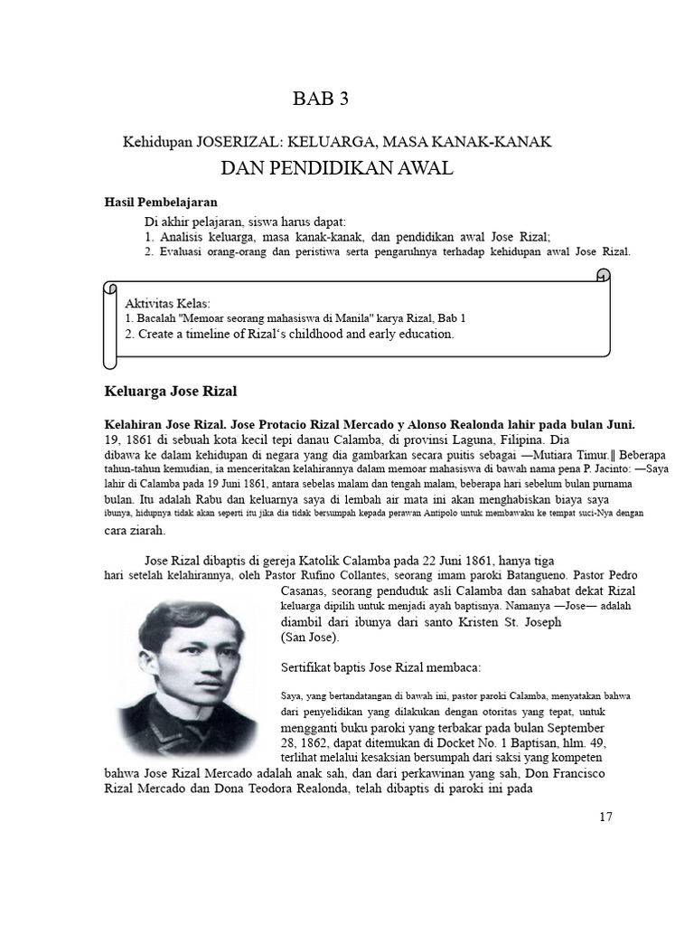 Bab 3 Kehidupan Jose Rizal Keluarga Kanak Kanak Dan Pendidikan Awal | PDF
