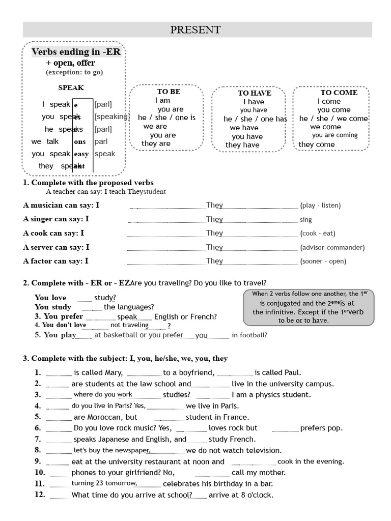 Present Tense -ER Verbs Practice | PDF | Grammatical Conjugation ...