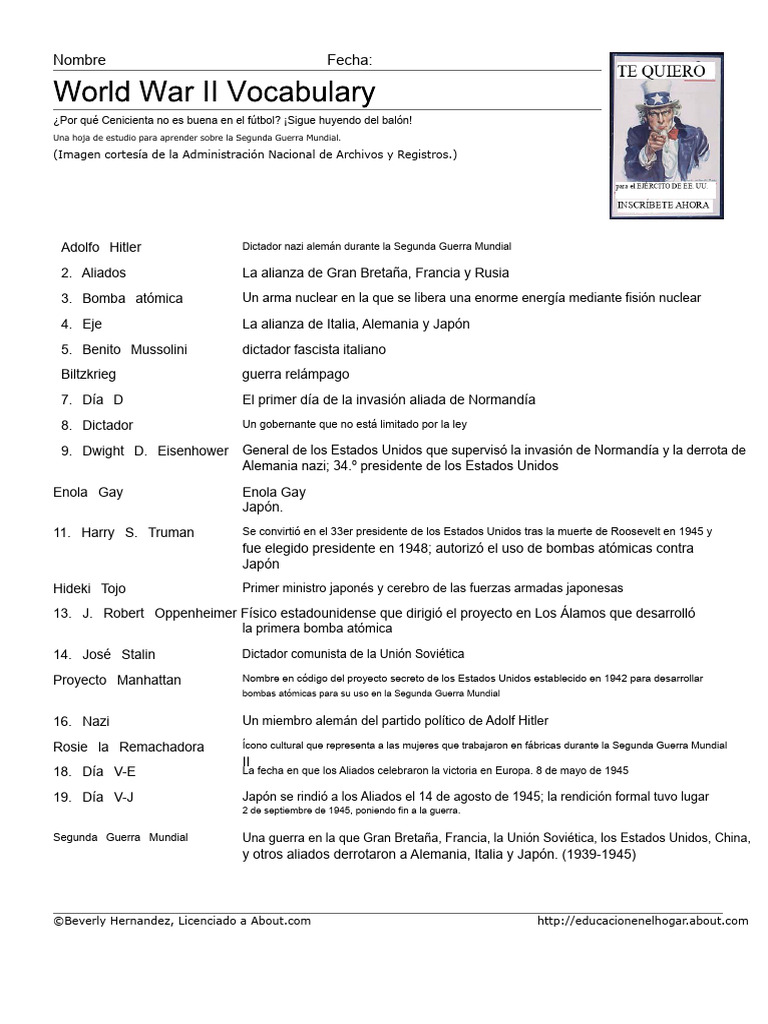 Hoja de Vocabulario de La Segunda Guerra Mundial 1 PDF | PDF | Segunda ...