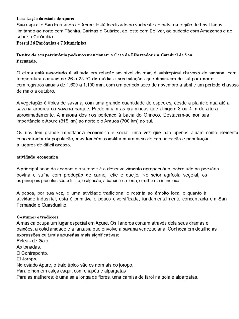 Características do Estado de Apure | PDF | Colômbia | Milho