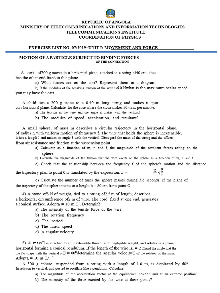 Exercises No. 05 of Unit I Movement and Force Movement of A Particle ...