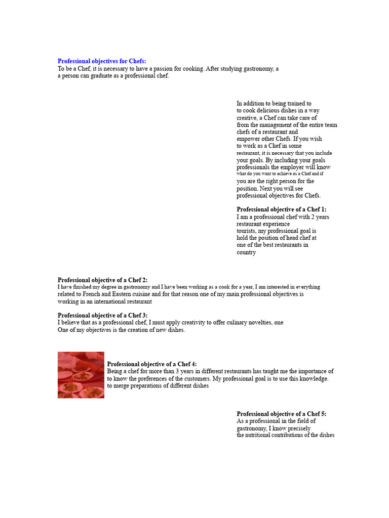 Chef Career Objectives Explained | PDF | Chef | Food And Drink