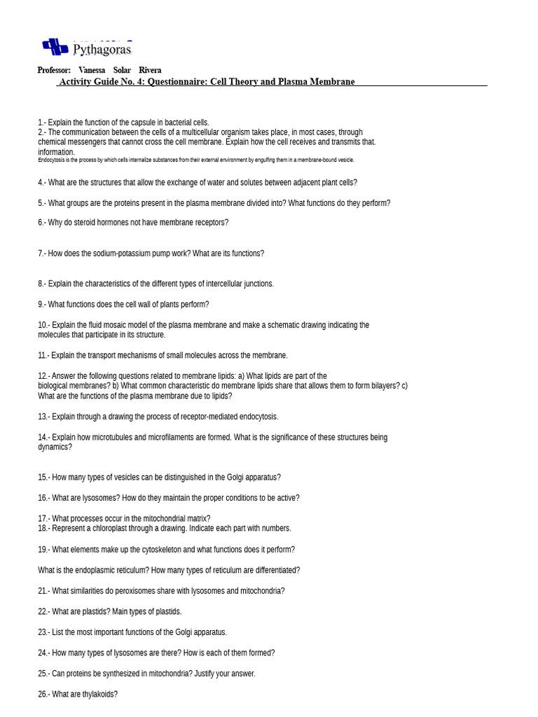 Cell Theory Questionnaire | PDF | Cell (Biology) | Organelle