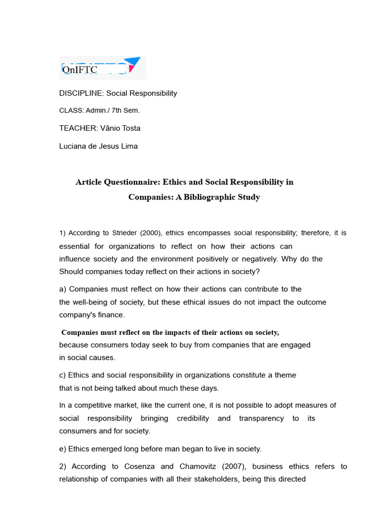 Questionnaire of The Article Ethics and Social Responsibility in ...
