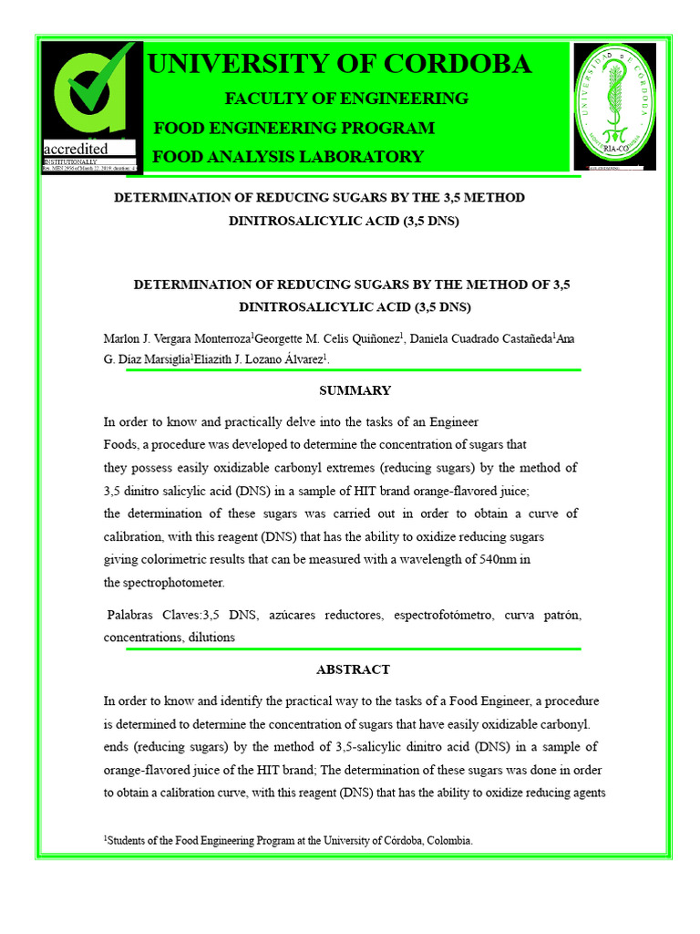 Food Analysis Lab - Determination of Reducing Sugars by The 3,5 ...