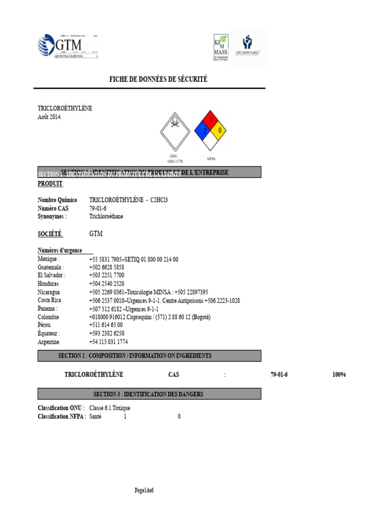Fiche de sécurité : Trichloroéthylène | PDF | La combustion | Magnésium
